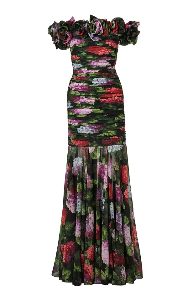 Carolina Herrera Off-the-shoulder Hydrangea-printed Chiffon Gown - Black