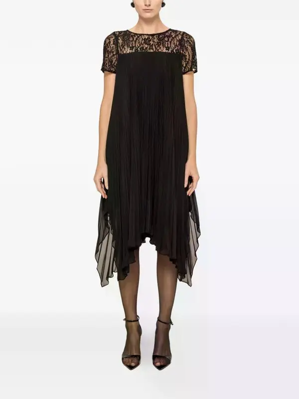 NISSA Lace-panel Pleated Midi Dress