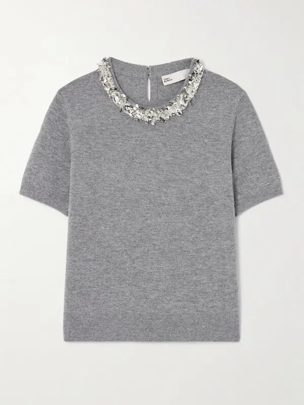 Tory Burch Embellished Wool And Cashmere-blend Sweater - Gray