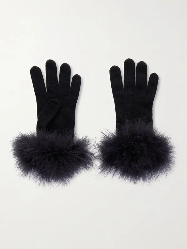 Valentino Garavani Feather-trimmed Wool Gloves - Black