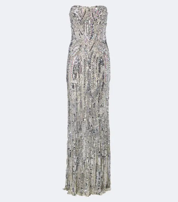 Jenny Packham Embellished Bustier Gown - Silver
