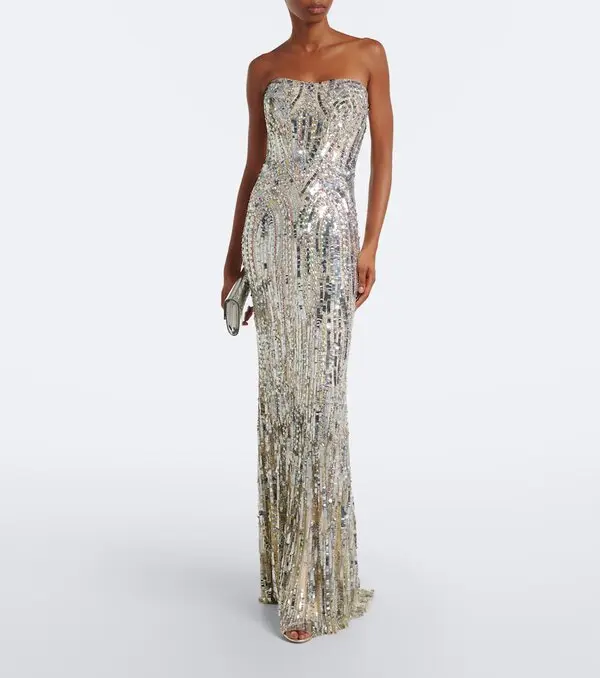 Jenny Packham Embellished Bustier Gown - Silver