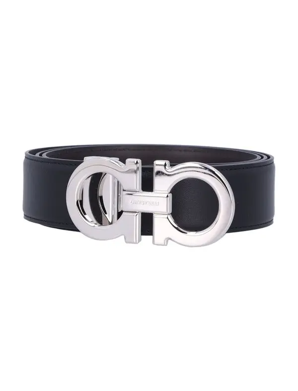 FERRAGAMO Double Gancini Adjustable And Reversible Leather Belt - Black Hickory