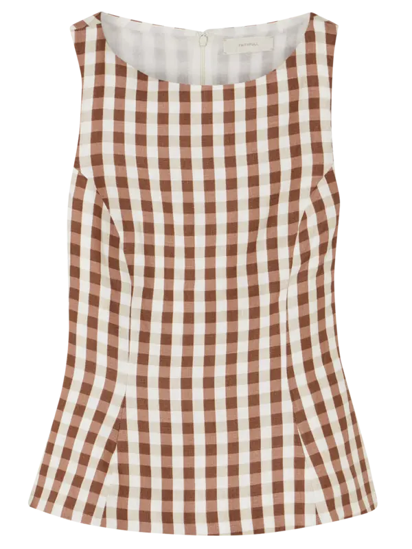 Faithfull The Brand Ana Gingham Linen Peplum Top - Brown