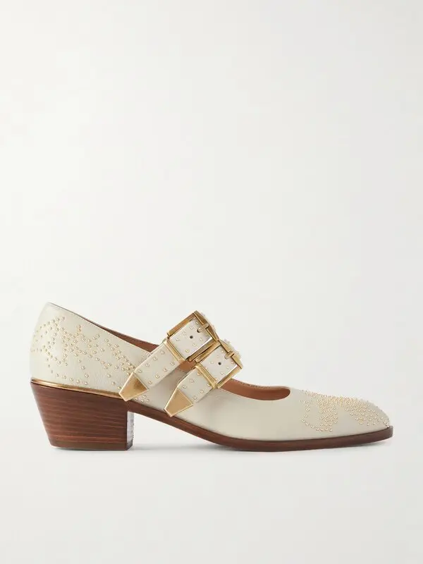 Chloé Susan Studded Textured-leather Mary Jane Pumps - Neutrals