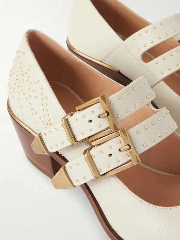 Chloé Susan Studded Textured-leather Mary Jane Pumps - Neutrals