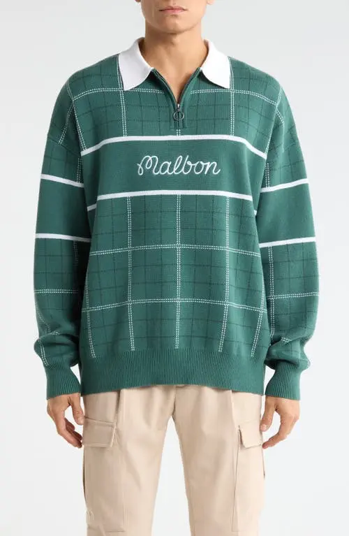 MALBON Bennett Plaid Cotton Zip Polo Sweater - Hunter Green