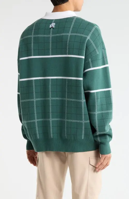 MALBON Bennett Plaid Cotton Zip Polo Sweater - Hunter Green
