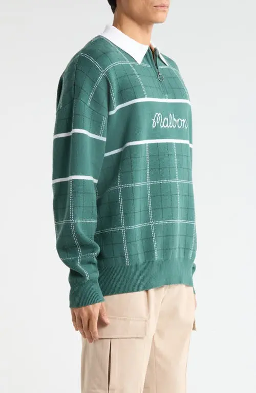 MALBON Bennett Plaid Cotton Zip Polo Sweater - Hunter Green
