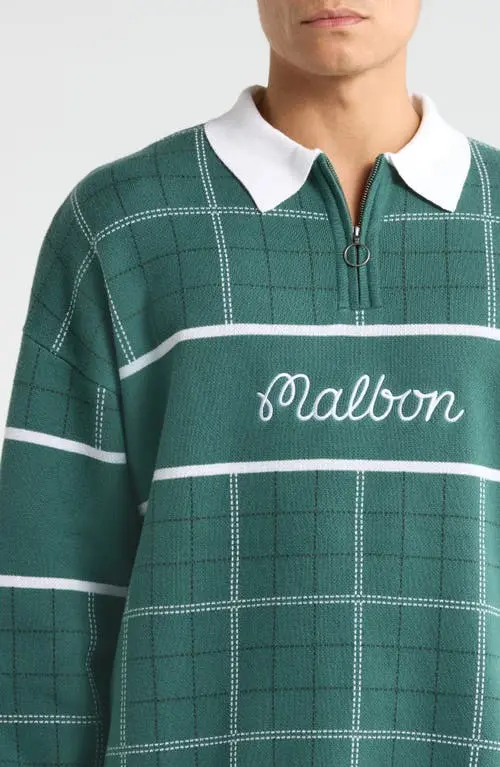 MALBON Bennett Plaid Cotton Zip Polo Sweater - Hunter Green