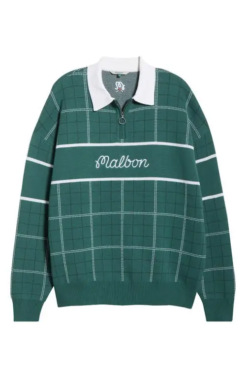MALBON Bennett Plaid Cotton Zip Polo Sweater - Hunter Green