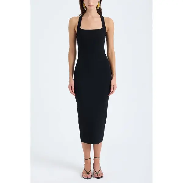MONLICIA Azura Rib Knit Crisscross Back Bodycon Midi Sweater Dress - Black