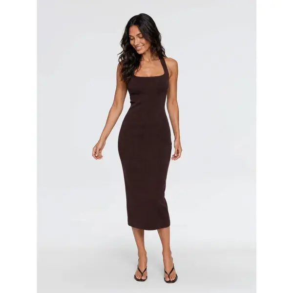 MONLICIA Azura Rib Knit Crisscross Back Bodycon Midi Sweater Dress - Brown