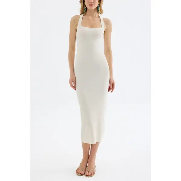 MONLICIA Azura Rib Knit Crisscross Back Bodycon Midi Sweater Dress - Ivory