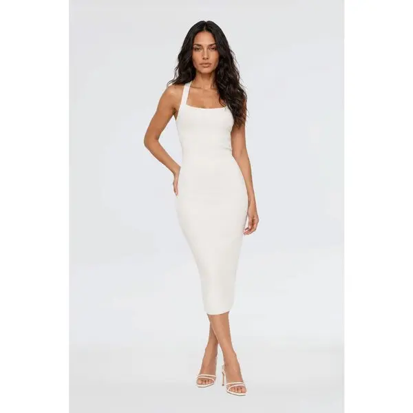 MONLICIA Azura Rib Knit Crisscross Back Bodycon Midi Sweater Dress - Ivory