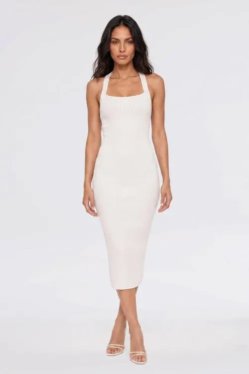 MONLICIA Azura Rib Knit Crisscross Back Bodycon Midi Sweater Dress - Ivory