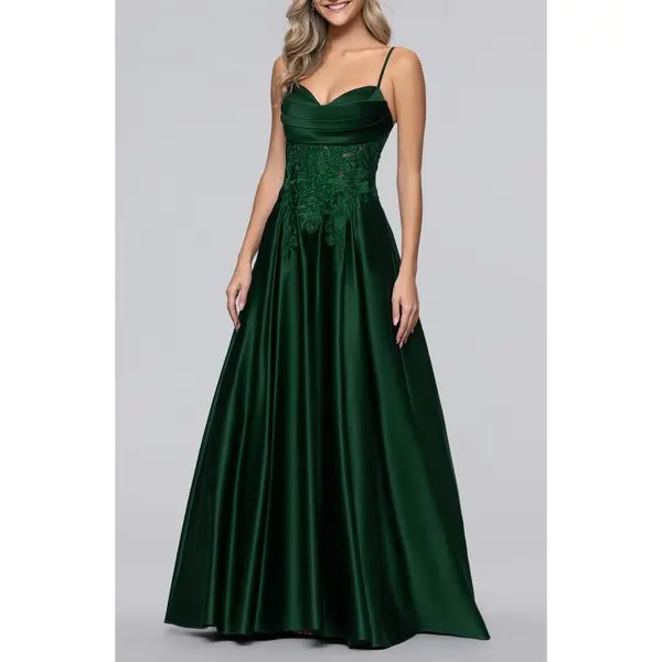 BLONDIE NITES Sequin Lace Detail Satin Gown