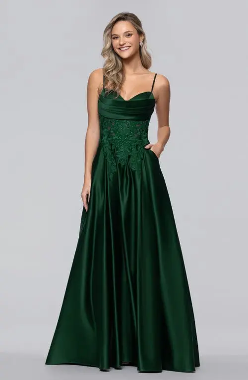 BLONDIE NITES Sequin Lace Detail Satin Gown