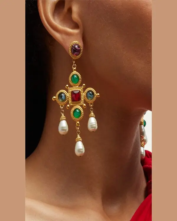 BEN-AMUN 24k Electroplated Drop Cross Earrings
