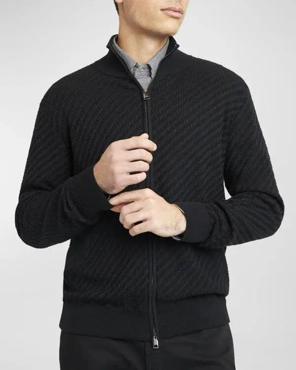Brioni Basketweave Stitch Full-zip Sweater - Black