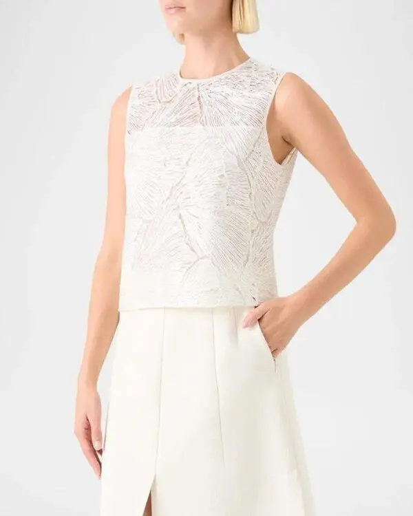 Akris Lacquered Sea Fan Lace Sleeveless Top - Ecru