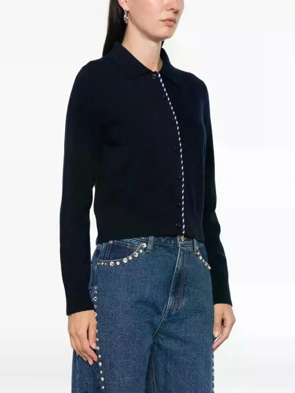 Sandro Cropped Polo Collar Cardigan With Striped Detail - Blue