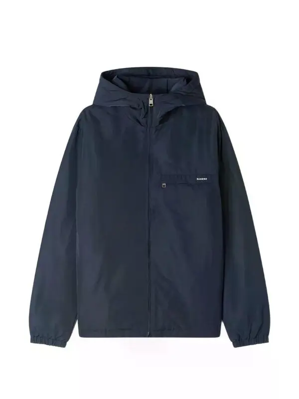 Sandro Nylon Hooded Zip-up Windbreaker With Drawstring - Blue