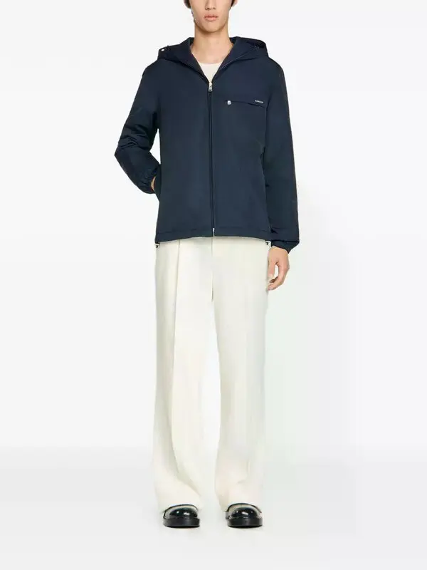 Sandro Nylon Hooded Zip-up Windbreaker With Drawstring - Blue
