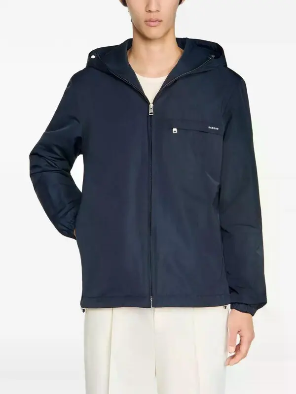 Sandro Nylon Hooded Zip-up Windbreaker With Drawstring - Blue