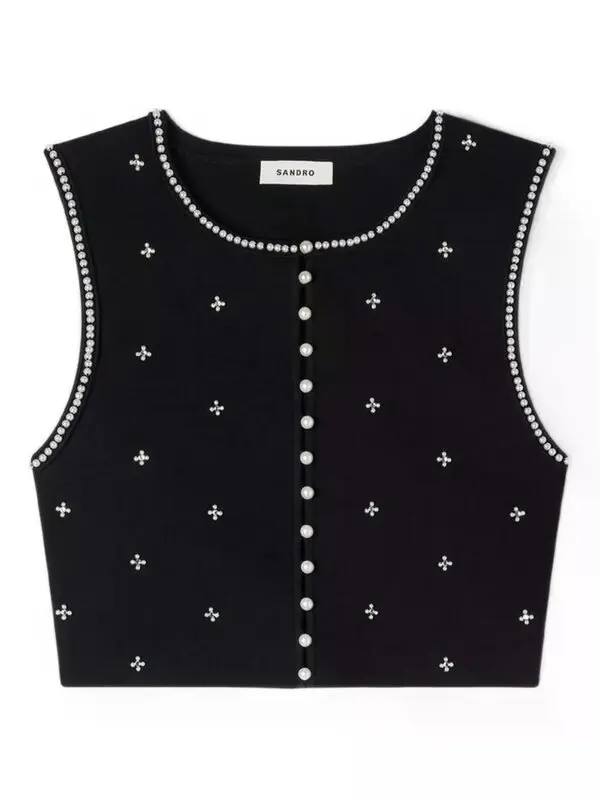 Sandro Cropped Knit Top With Rhinestone Embroidery And Pearl Buttons