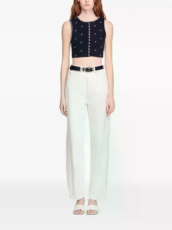Sandro Cropped Knit Top With Rhinestone Embroidery And Pearl Buttons