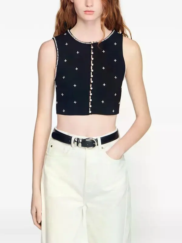 Sandro Cropped Knit Top With Rhinestone Embroidery And Pearl Buttons