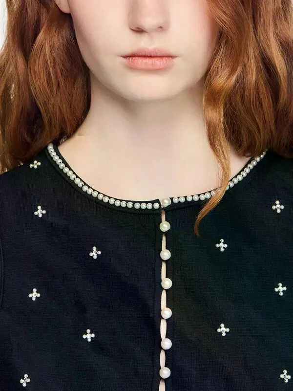 Sandro Cropped Knit Top With Rhinestone Embroidery And Pearl Buttons