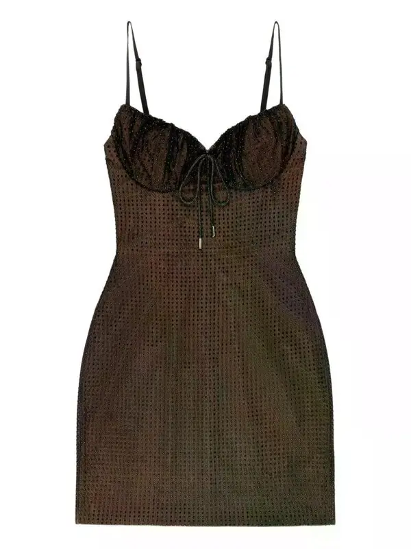 AREA Crystal Hotfix Mini Dress - Brown