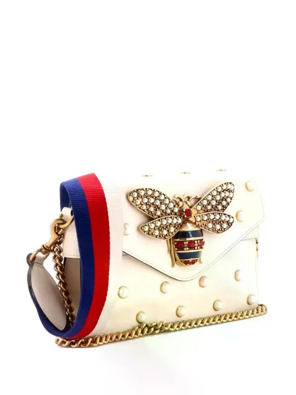 Gucci Broadway Pearly Bee Embellished Leather Mini Shoulder Bag - Neutrals
