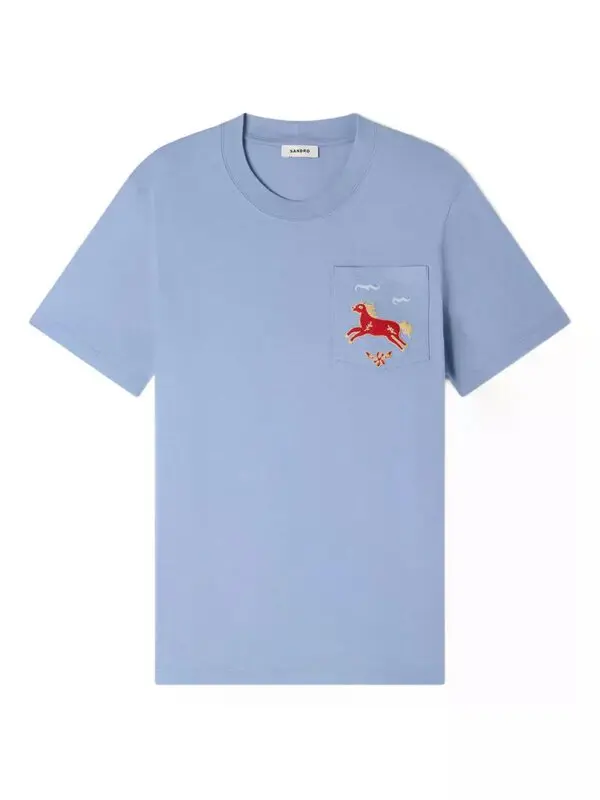 Sandro Embroidered Horse Cotton T-shirt - Blue