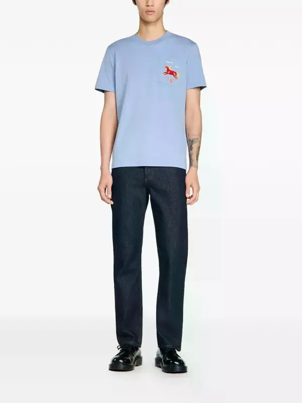 Sandro Embroidered Horse Cotton T-shirt - Blue