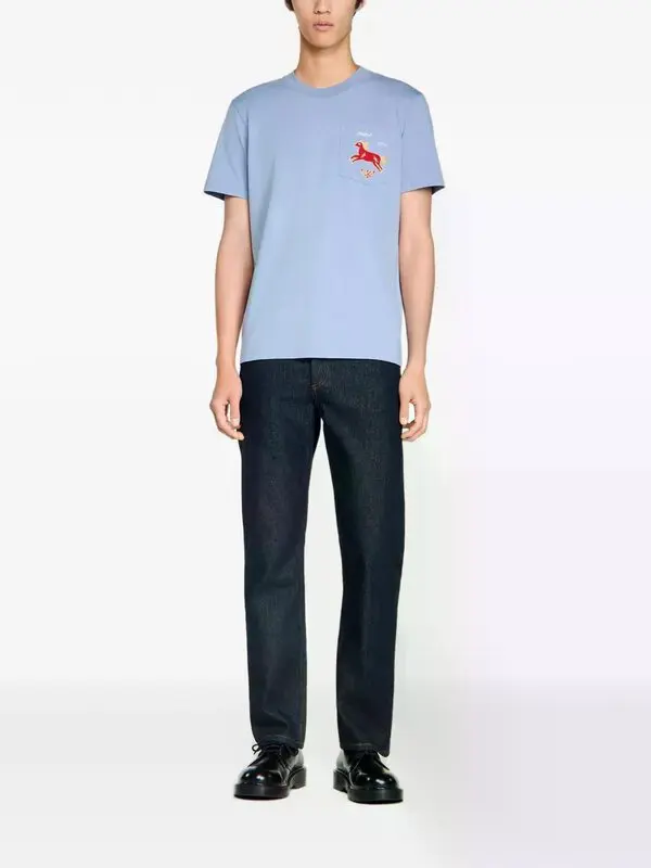 Sandro Embroidered Horse Cotton T-shirt - Blue