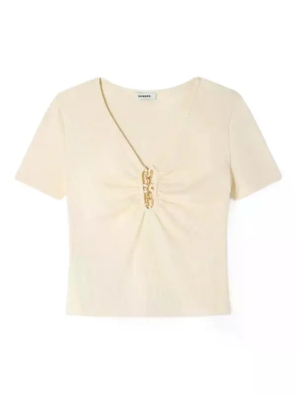 Sandro Detail V-neck T-shirt - Neutrals