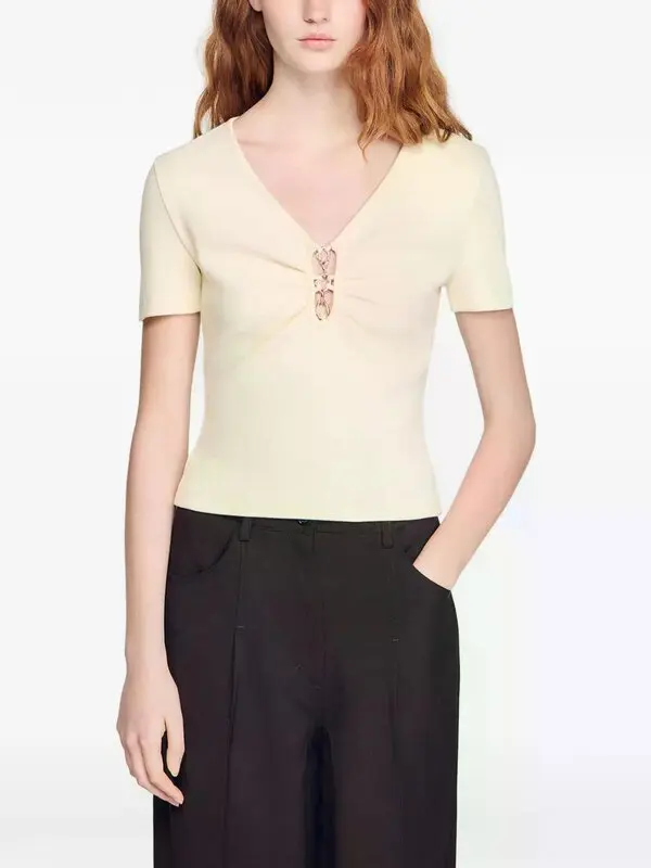 Sandro Detail V-neck T-shirt - Neutrals