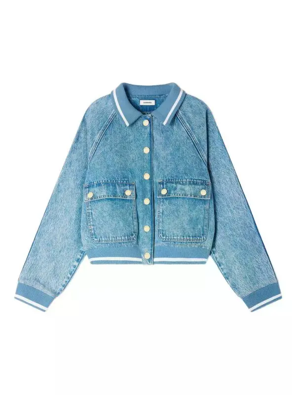 Sandro Relaxed Fit Denim Jacket With Ribbed Collar - Blue