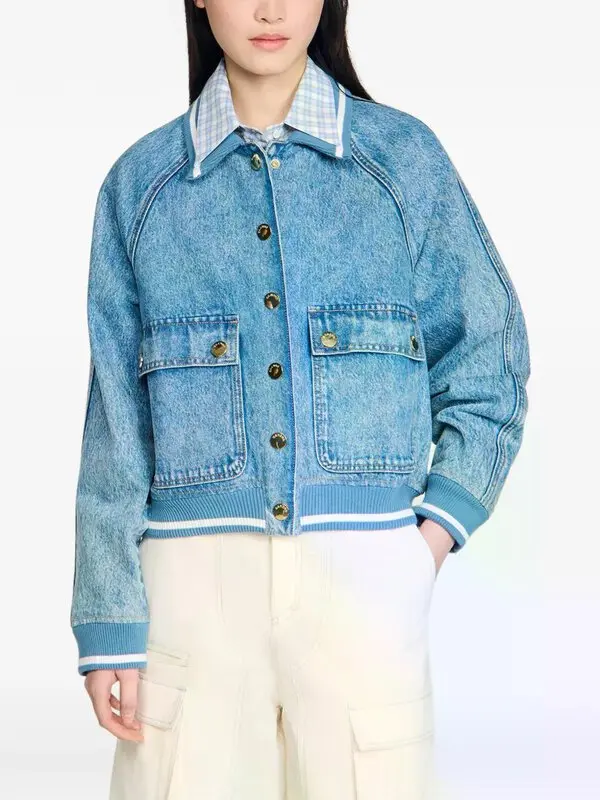 Sandro Relaxed Fit Denim Jacket With Ribbed Collar - Blue