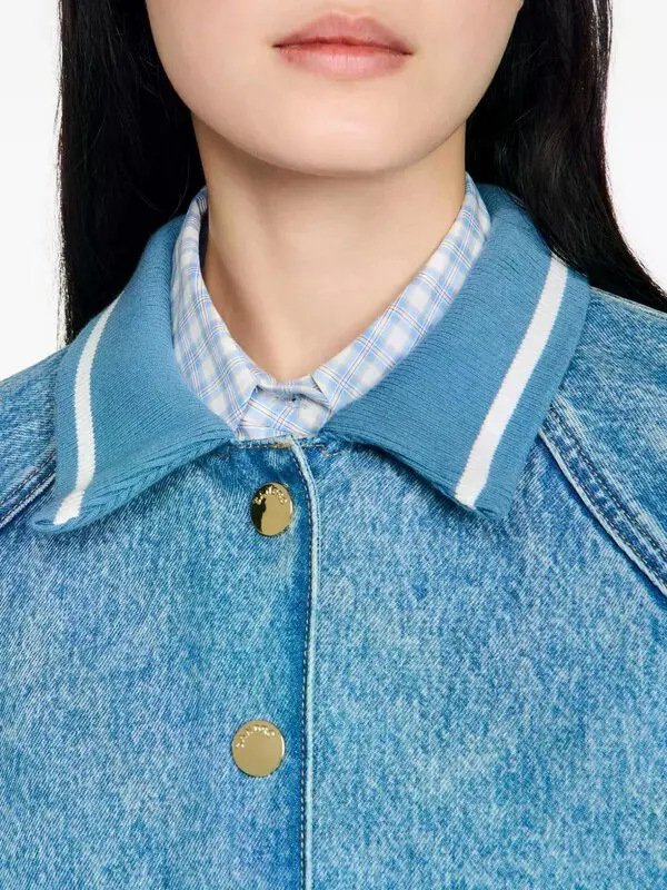 Sandro Relaxed Fit Denim Jacket With Ribbed Collar - Blue