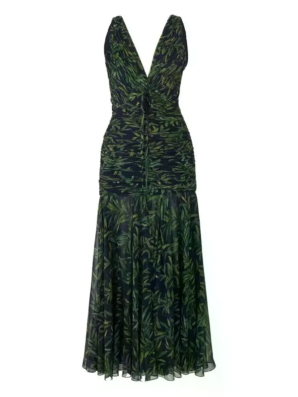 Carolina Herrera Olive Branch-print Midi Dress