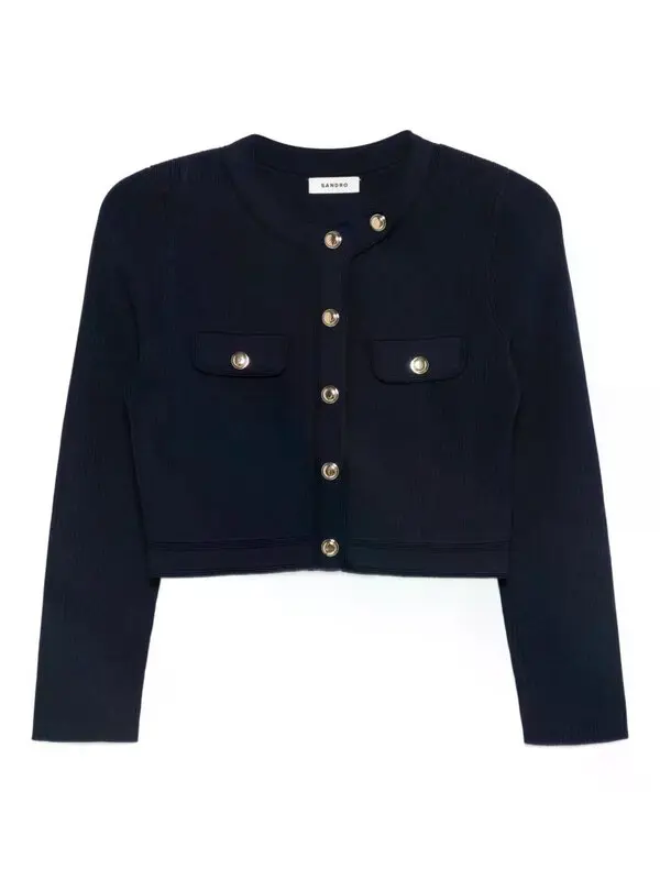 Sandro Ribbed Cropped Cardigan With Metal Press-studs - Blue