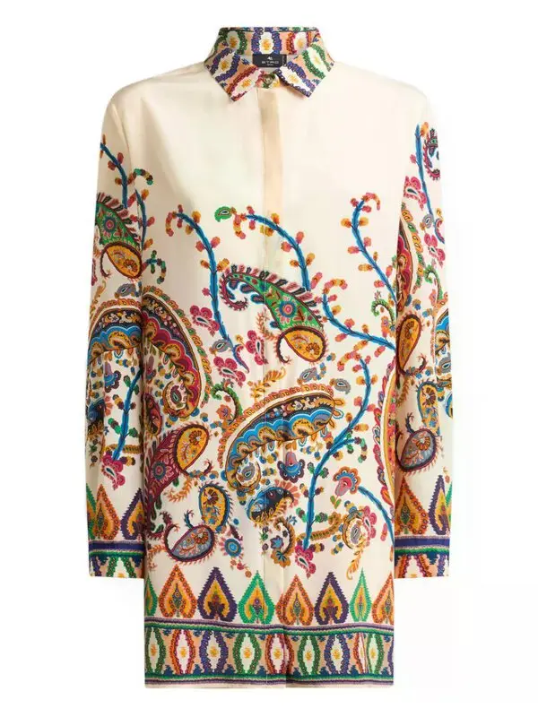 Etro Long Silk Shirt With Placed Floral Paisley Print - Neutrals