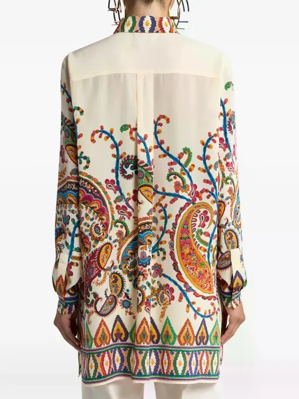 Etro Long Silk Shirt With Placed Floral Paisley Print - Neutrals