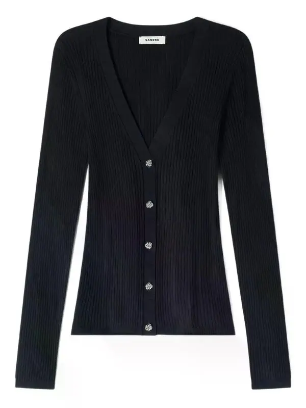 Sandro Ribbed V-neck Cardigan With Decorative Metal Buttons