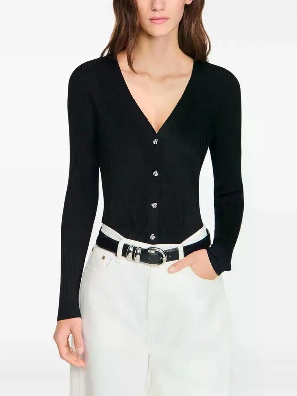 Sandro Ribbed V-neck Cardigan With Decorative Metal Buttons