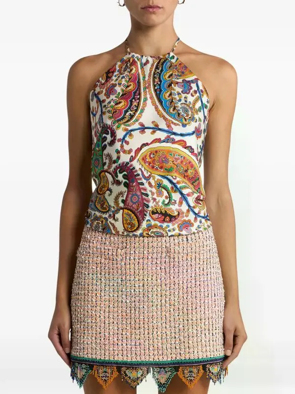 Etro Silk Halterneck Top With Floral Paisley Motif - Neutrals